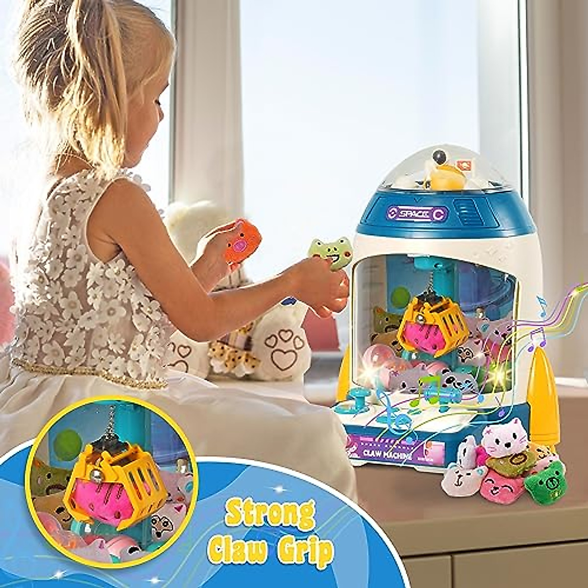 Bambibo Mini Claw Machine for Kids - Pre Assembled Blue Rocket Shaped, Vending | Indoor Toys Arcade Machines Home Game with Music Age 3-8, Pink