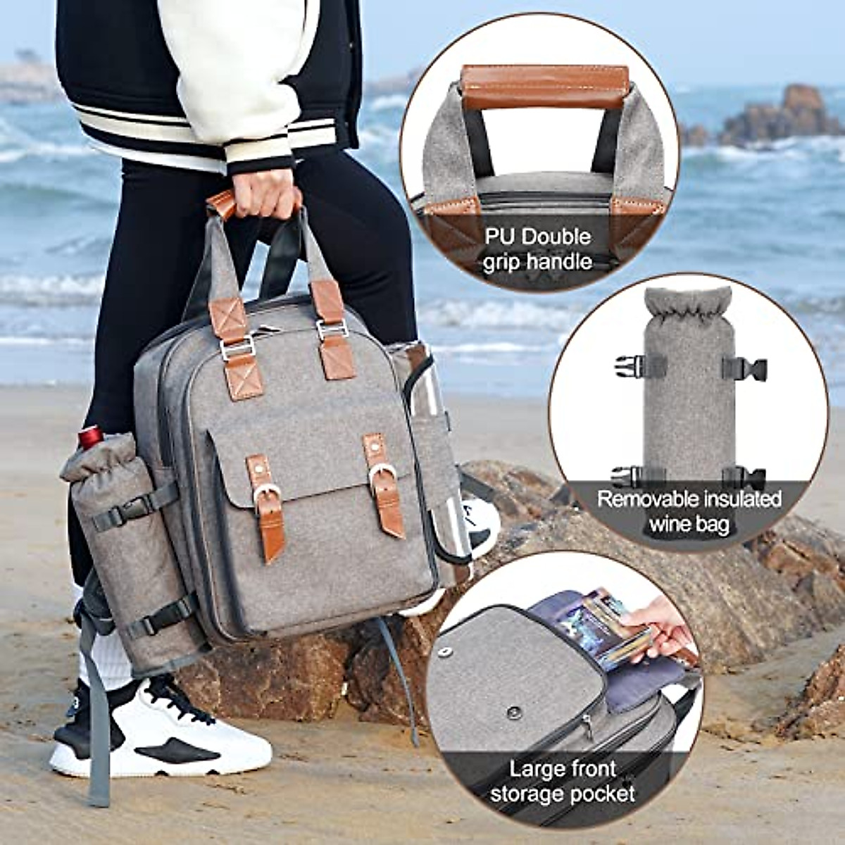 Picnic Backpack for 4 Person with Blanket, Picnic Bag Set with Cooler Compartment, Insulated Waterproof Pouch, Detachable Bottle/Wine Holder for Family Outdoor Camping, Beach, Day Travel, Hiking, BBQs