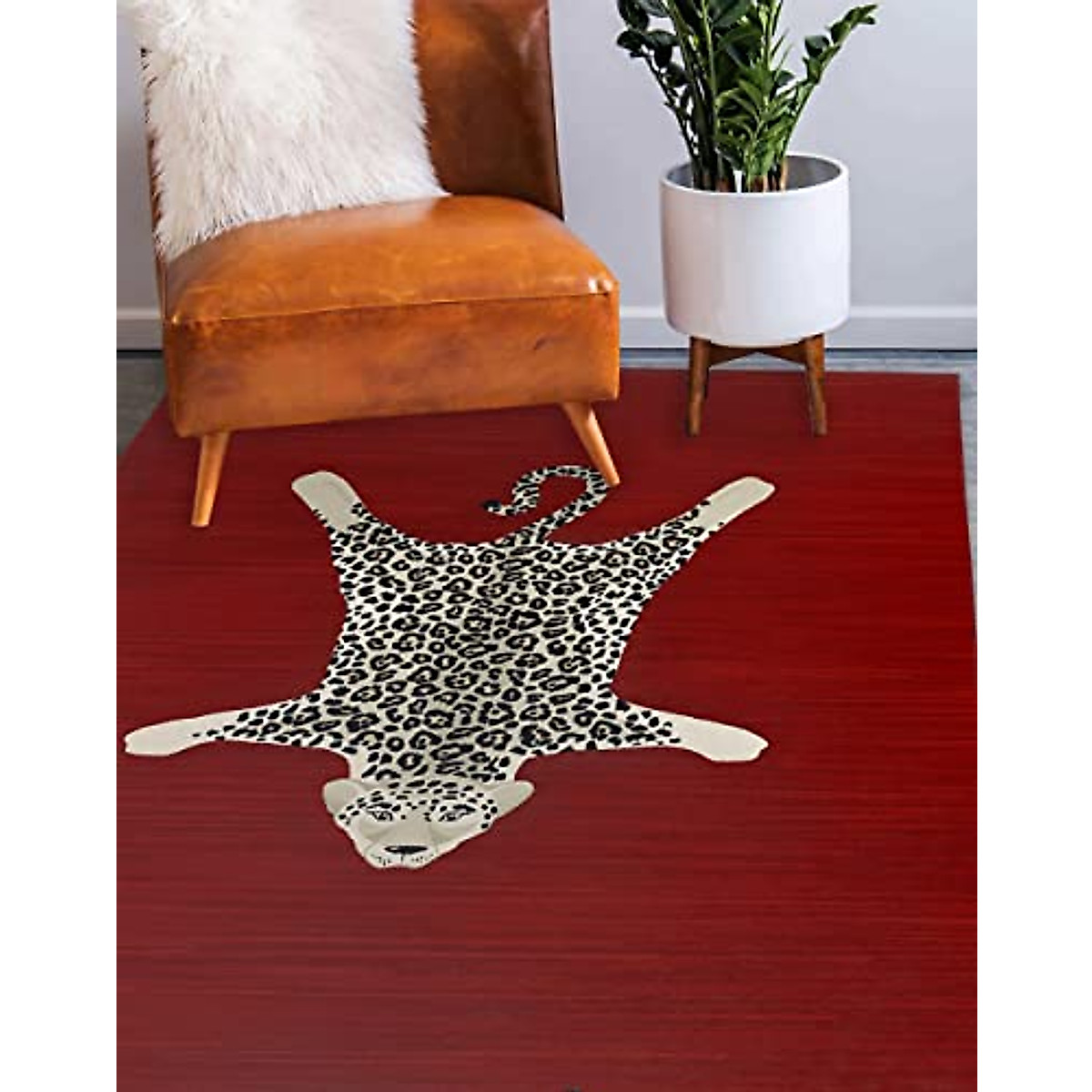 SIYON Cheetah Leopard Print Area Rug for Bedroom Minimalist Non-Slip Living Room Floor Rugs Washable Reversible Dining Room Accent Rugs Red Home Office Throw Mat 4x6 Fur Kitchen Runner Mat