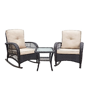 Flymatic 3 Pieces Outdoor Wicker Rocking Chair Set, Rattan Patio Rocker Chairs Set with Cushions and Glass-Top Coffee Table