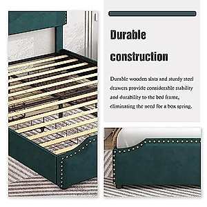 bzbbzc Queen Size Velvet Upholstered Platform Bed Frame with 4 Storage Drawers and Headboard, Rivet Curved Adjustable Headboard/Strong Wooden Slats/Easy Assembly/Green