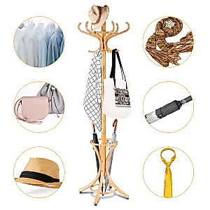 Tangkula 75.5" Standing Coat Rack, Wood Coat Tree with 12 Hooks, Home Hat Jacket Hanger Tree 12 with Umbrella Holder Coat Stand (Oak)