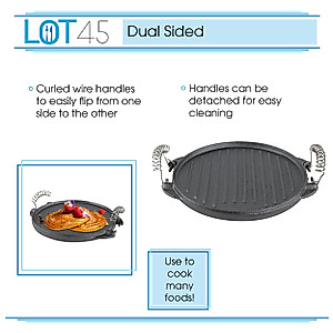 Lot45 Cast Iron Grill Pan, 10in - Cast Iron Grill Pans for Stove Tops, Grilling Cookware Dual-Sided Griddle for Camping