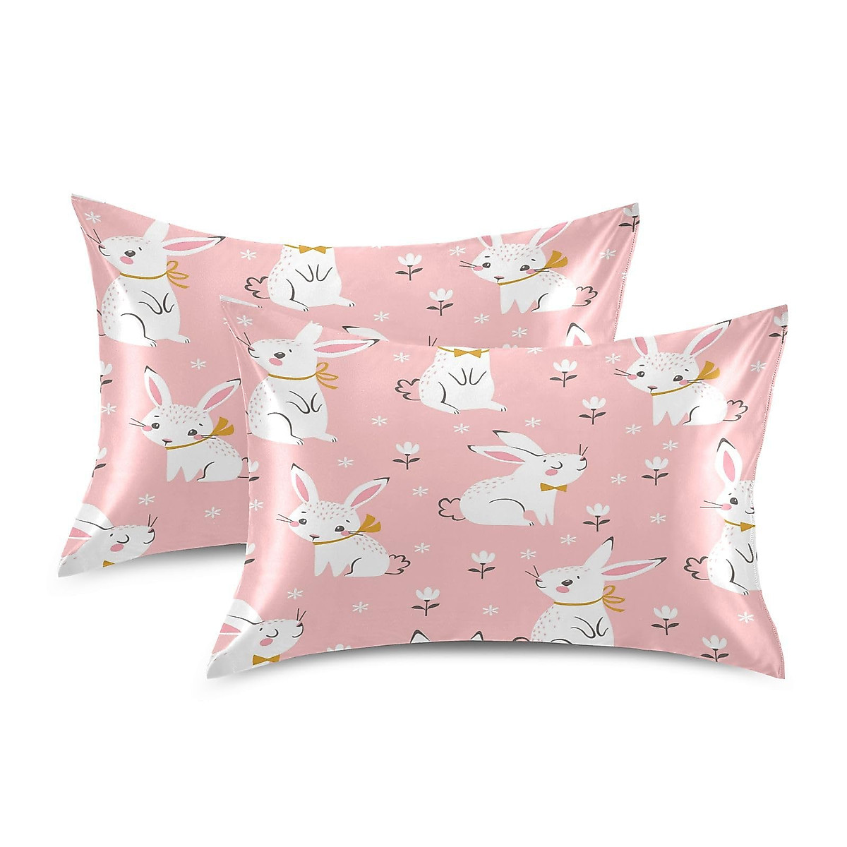 Cute Floral Bunny Satin Pillowcase Silk Pillow Cases for Hair and Skin Slipping Body Pillow Cover with Envelope Closur Standard Size 20x26 Pillowcase Decor for Kids Girls Boys Women