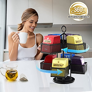 BUDO Tea Bag Organizer, Spinning Carousel Container with 8 Compartments, Up to 96 Tea bags Storage Holder, Lazy Susan Coffee Creamer Sweetener Tea Caddy for Kitchen Counter Pantry Organizer