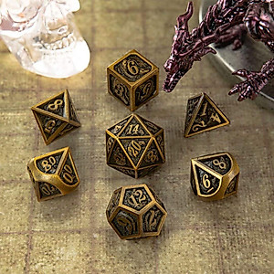 HYMGHO Polyhedral Metal DND Dice Set with Metal Box, 7-die Engraved Dragon Design with Dragon Scales RPG dice, Dungeons and Dragons Pathfinder Shadowrun D&D Role Palying Game(Ancient Gold)