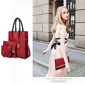 Women Handbags Sets 3 Pcs Large Capacity Handbag Chain Shoulder Bag Clutch Wrist Purse, Red