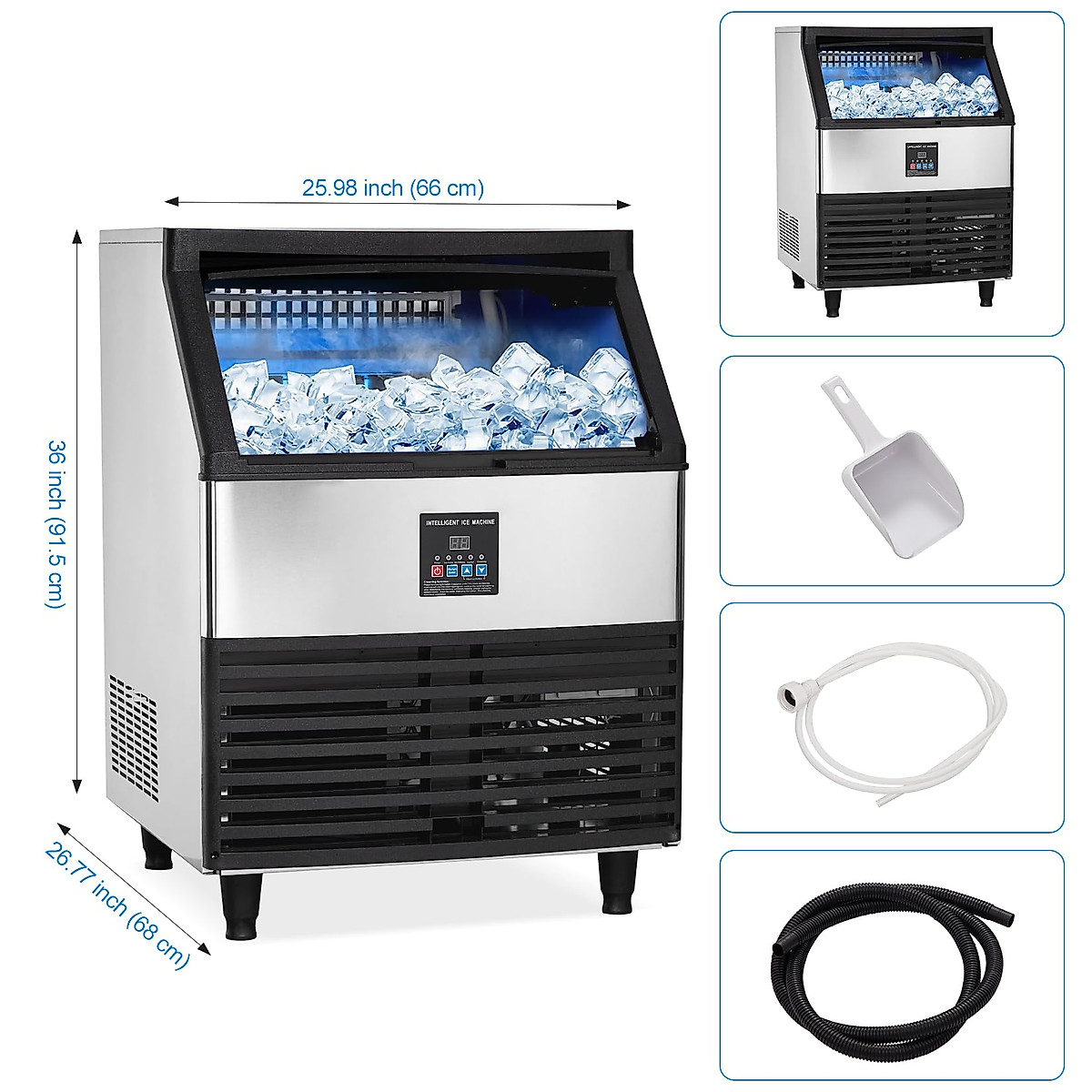 Commercial Ice Maker Machine 300lbs/24H, with 100lbs Ice Storage Capacity, Under Counter Stainless Steel Ice Machine, Self Cleaning, Freestanding Industrial Ice Maker with Ice Scoop, Self-Cleaning