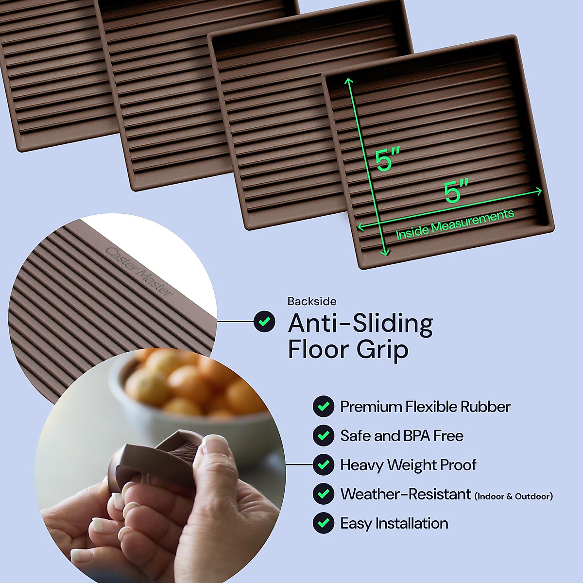 CasterMaster Non-Slip Furniture Pads Square Rubber Anti-Skid Caster Cups, Anti-Sliding Floor Protectors for Furniture (Brown, 5'' x 5'' (Pack of 4))