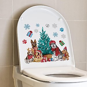Christmas Toilet Stickers Christmas Wall Decal, Dogs Pattern Bathroom Toilet Seat Christmas Decoration, Xmas Toilet Seat Cover Tank Lid Decals Bathroom Decorations