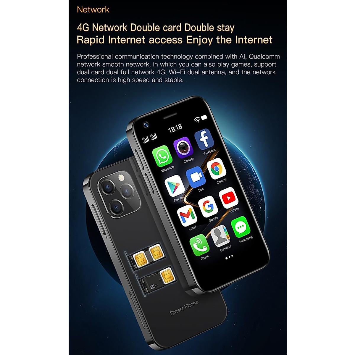 XS12 Pro Super Mini 4G LTE Smartphone 3.0-inch Display 3GB RAM 32GB/64GB ROM 8 Core Android 10.0 Dual SIM 2000mAh 13MP with Google Play Store Backup Small Mobile Phone (Black, 4GB+64GB)