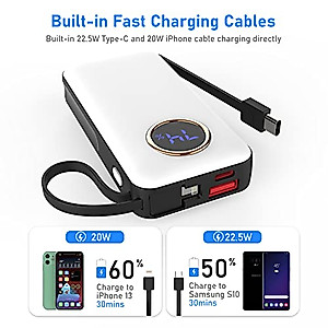 LJEHC Small Portable Charger 10000mAh,22.5W Fast Charging Power Bank Built in Cable,Ultra Compact USB C Phone External Battery Pack for iPhone iPad Samsung LG Android Cellphone