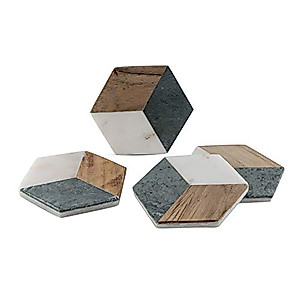 GoCraft Hexagon Geometric Coasters | Handcrafted Geometric Coasters with Green for Your Drinks, Beverages & Wine/Bar Glasses | Green Marble & Wood Inlay on White Marble Base (Set of 4)