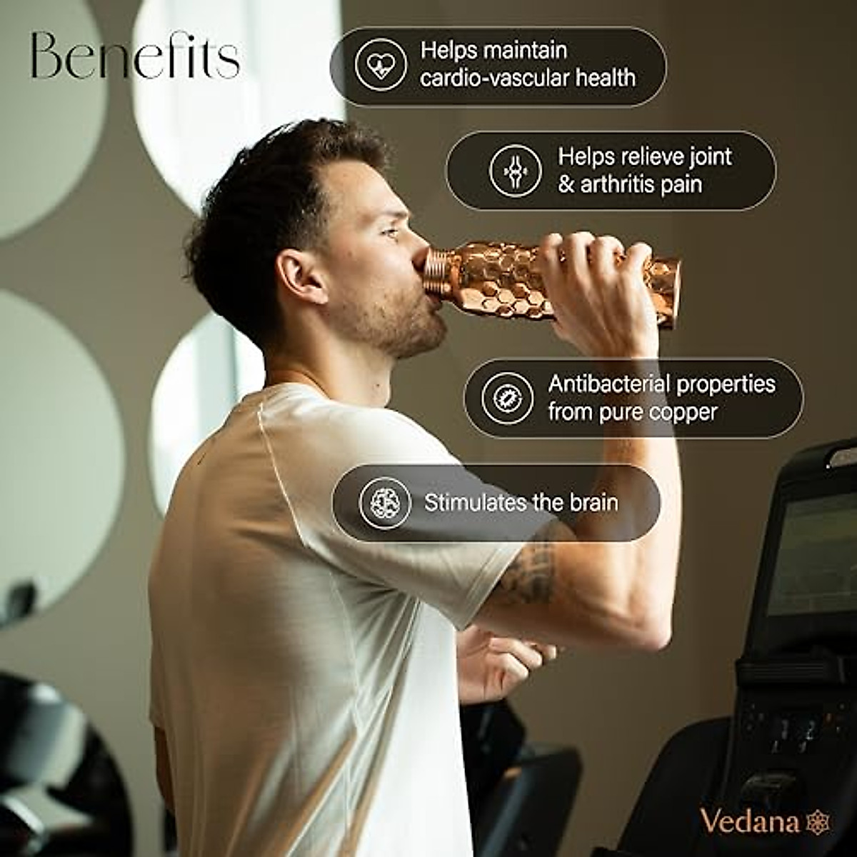 VEDANA Premium Honeycomb Ayurvedic Pure Copper Water Bottle | Leak Proof 1 Liter Copper Vessel for Drinking Water | Great Water Bottle for Sports, Yoga & Everyday Use