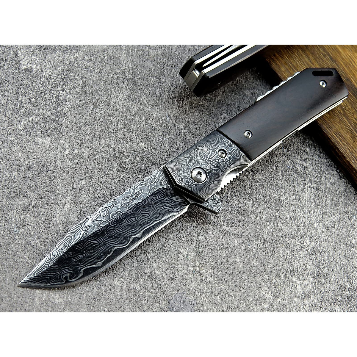 Sitivien ST234 Damascus Steel Folding Knife,Handmade VG10 Core Blade and Ebony Wood Liner Lock Handle,EDC Tool Knife for Men Outdoor Camping Damascus knife EDC Hunting Folding Knife … …