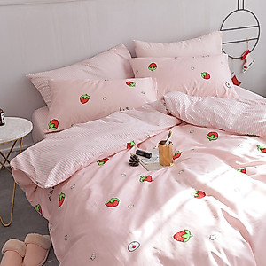 AOJIM Pink Strawberry Kids Duvet Cover for Girls Women, Pure Cotton Bedding Duvet Cover with Zipper Closure, 1 Soft Comforter Cover Full Size and 2 Pillowcases, Cute Style Quilt Cover for Room Decor