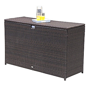 Patiorama Outdoor Wicker Storage Box Patio Aluminum Frame Espresso Brown Wicker Cushion Storage Bin Deck Box, 120 Gallon