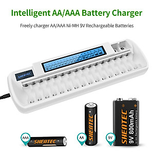 Shentec 16+2 Bay Smart Rechargeable Battery Charger with LCD Display for AA AAA NiMH Batteries & Li-ion 9V Rechargeable Batteries with AC Wall Adapter (Not Fit for AA AAA Li-ion Batteries)