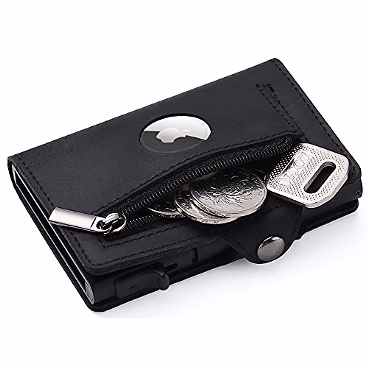 TNE Airtag Wallet (Airtag not Included) Genuine Leather Credit Card Money Holder Automatic Pop Up Mini Aluminum Wallet with Zipper Coin Pocket | Airtag Case Men or Women Air Tag Cover (Black)