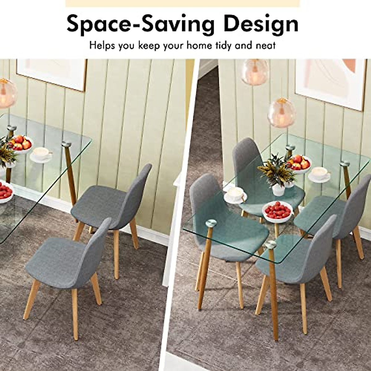 Tangkula 5 Pieces Dining Room Table Set, Modern Table & Chair Set for 5, 4 Grey Fabric Dining Chairs with Glass Dining Table for Small Living Room, Kitchen