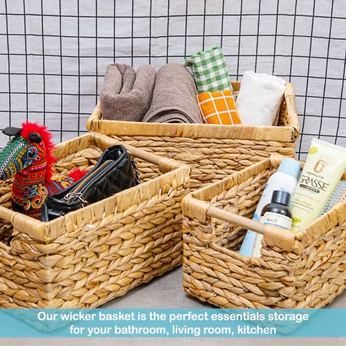Wicker Baskets for Storage Organizing, Water Hyacinth Storage Baskets Rectangular with Wooden Handles for Shelves, Natural Wicker Storage Basket Bins - Set of Wicker Baskets for Home Organization