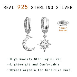 Reffeer 925 Sterling Silver Moon Star Dangle Earrings Hoop for Women Teens CZ Moon Star Hoop Earrings Huggie Dangle Earrings Asymmetrical (A-Silver)