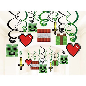 30Ct Pixel Mine Hanging Swirl Decorations - Pixel Mine Birthday Party Supplies Fan Decors