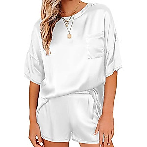 Ekouaer Silk Loungewear Set Short Sleeve Satin Sleepwear Top and Pajama Shorts Set Causal Pjs(Pure White, Medium)