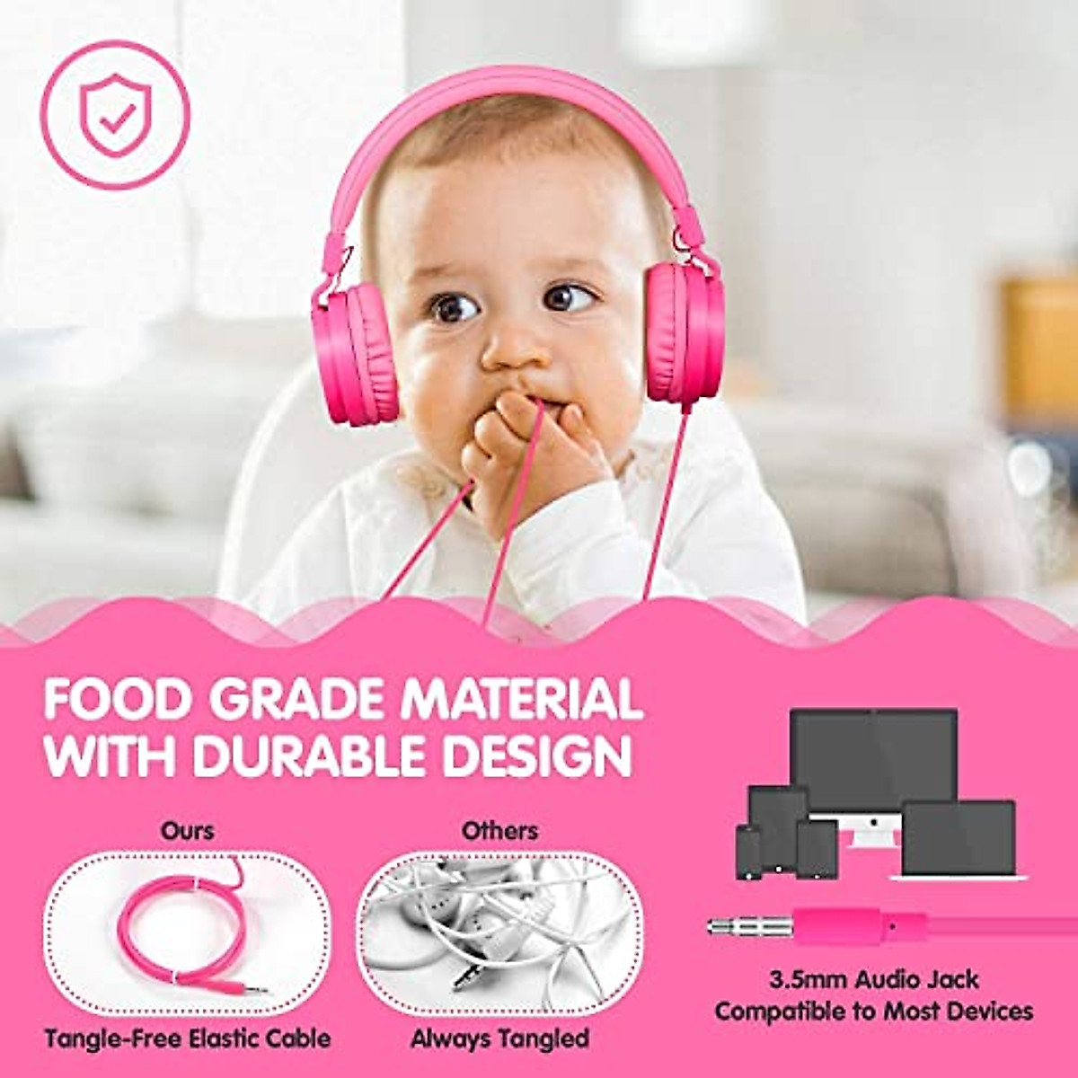 ONTA Kids Headphones for Boys Girls - Child Student Headset Wired Plug Toddler Earphones School Teen on Ear for Ipad | Computer | Smart Phone | Amazon Fire Tablet | Laptop | Plane Travel | Game, Pink