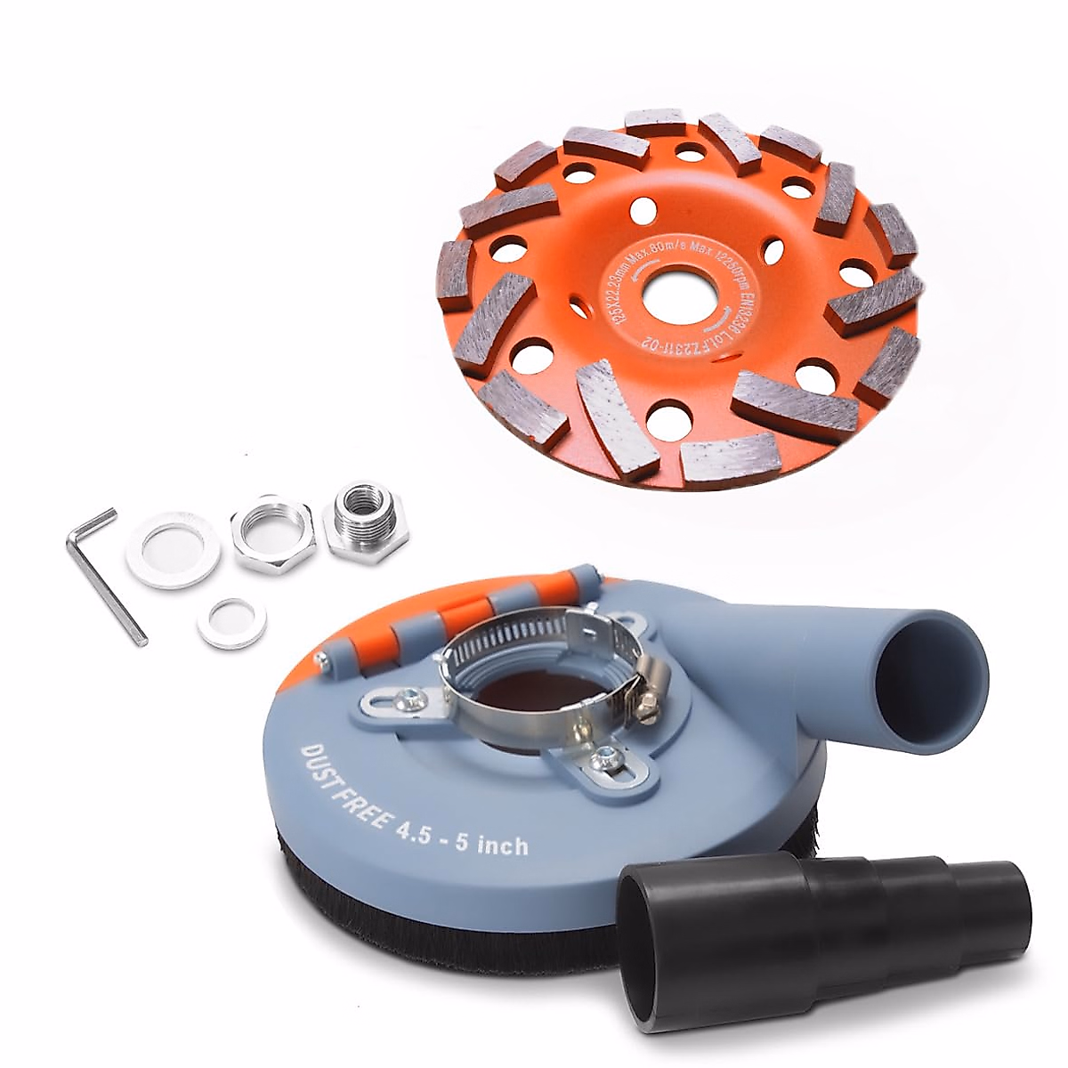 Wohenhao Dust Shroud for Angle Grinder 4.5-5 inch + Diamond Grinding Cup Wheel 5 inch, Universal Surface Grinding Shroud with Grinding Wheel for Concrete Surface, Cement, Marble, Rock, Granite