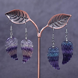 Natural Rainbow Fluorite Gemstone Crystal Healing Reiki Chakra Handmade Angel Wing Dangle Earrings