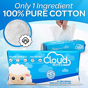 Cloud Wipes Pure Dry Cotton Baby Wipes Soft Durable Unscented Cloth Tissue for Sensitive Skin (2-Pack 200 Count)