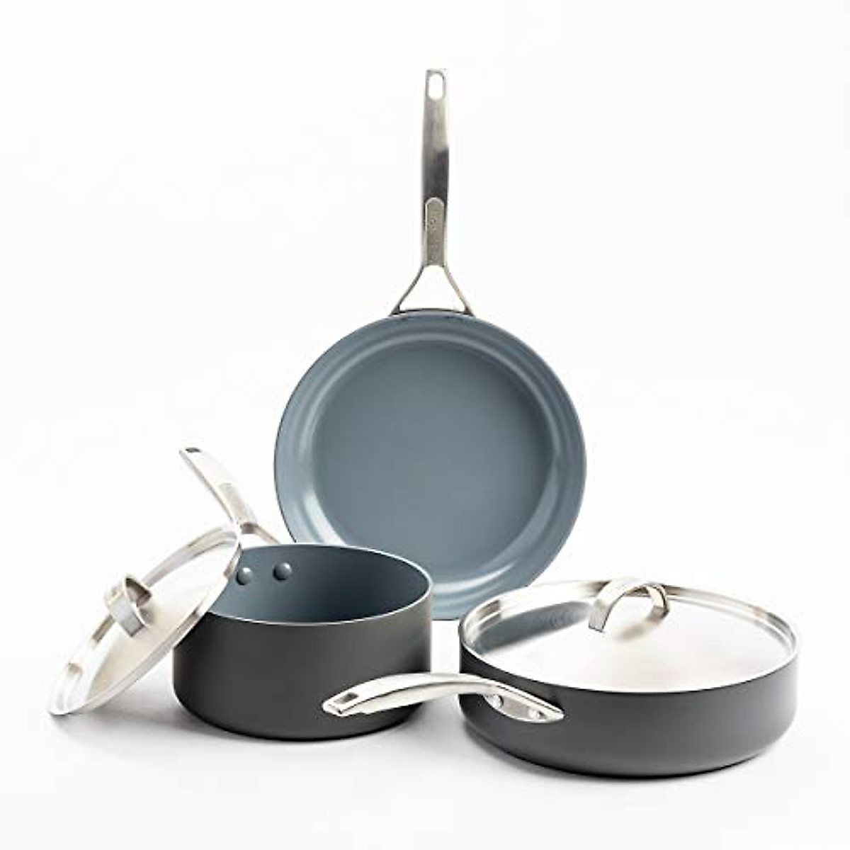 GreenPan Paris Pro Hard Anodized Healthy Ceramic Nonstick, 5 Piece Cookware Pots and Pans Set with Stainless Steel Lids, PFAS-Free, Dishwasher Safe, Grey