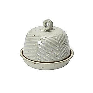 Creative Co-Op Embossed Stoneware Domed Dish with Handle, White Reactive Glaze Food Storage, 6" L x 6" W x 5" H, Multicolor