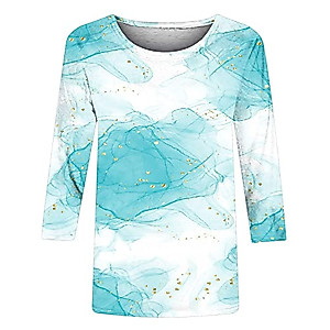 Womens Tunic Tops 3/4 Sleeve Tops Cute Trendy 2023 Spring Shirts Graphic Tees Casual Regular Fit Crewneck Marble Print Blouse