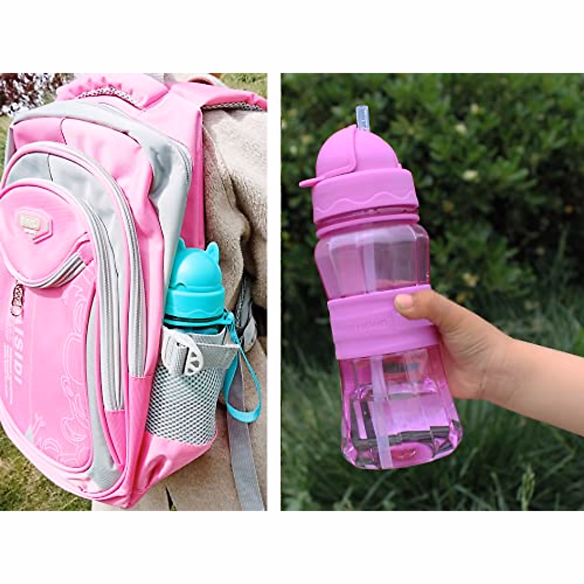 Water Bottle for Kids Toddlers with Straw Strap 12OZ Children Sized Leak Proof BPA Free Tritan Drinking Bottles for Boys Girls School Students, Cute Lightweight Sturdy Anti-skid Design (Purple)