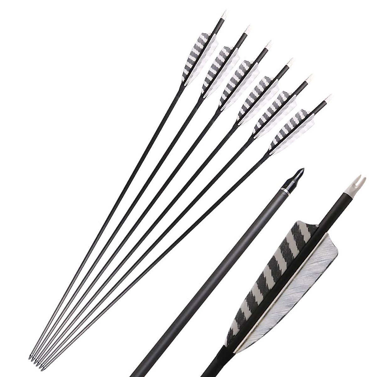 Huntingdoor 31 Inch Hunting Carbon Arrows, Replaceable Points Tips Arrows with 4 Inch Real Feather Fletching,400 Spine Targeting Arrows for Recurve Bow Longbow Practice White (Pack of 6)