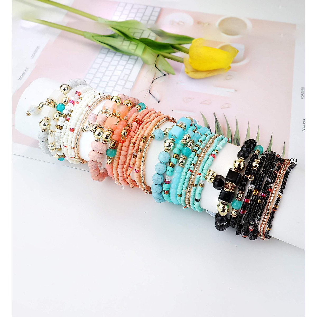 YADOCA 7 Sets Bohemian Stackable Bead Bracelets for Women Multilayer Stretch Bracelet Set Pendant Bangles Multicolor A