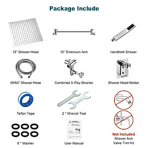HotQing 12" Chrome Dual Square Shower Head, 15" Brass Adjustable Extension Arm, Rainfall Shower Head with Handheld, 3-Way Diverter with Holder, Teflon Tape Included