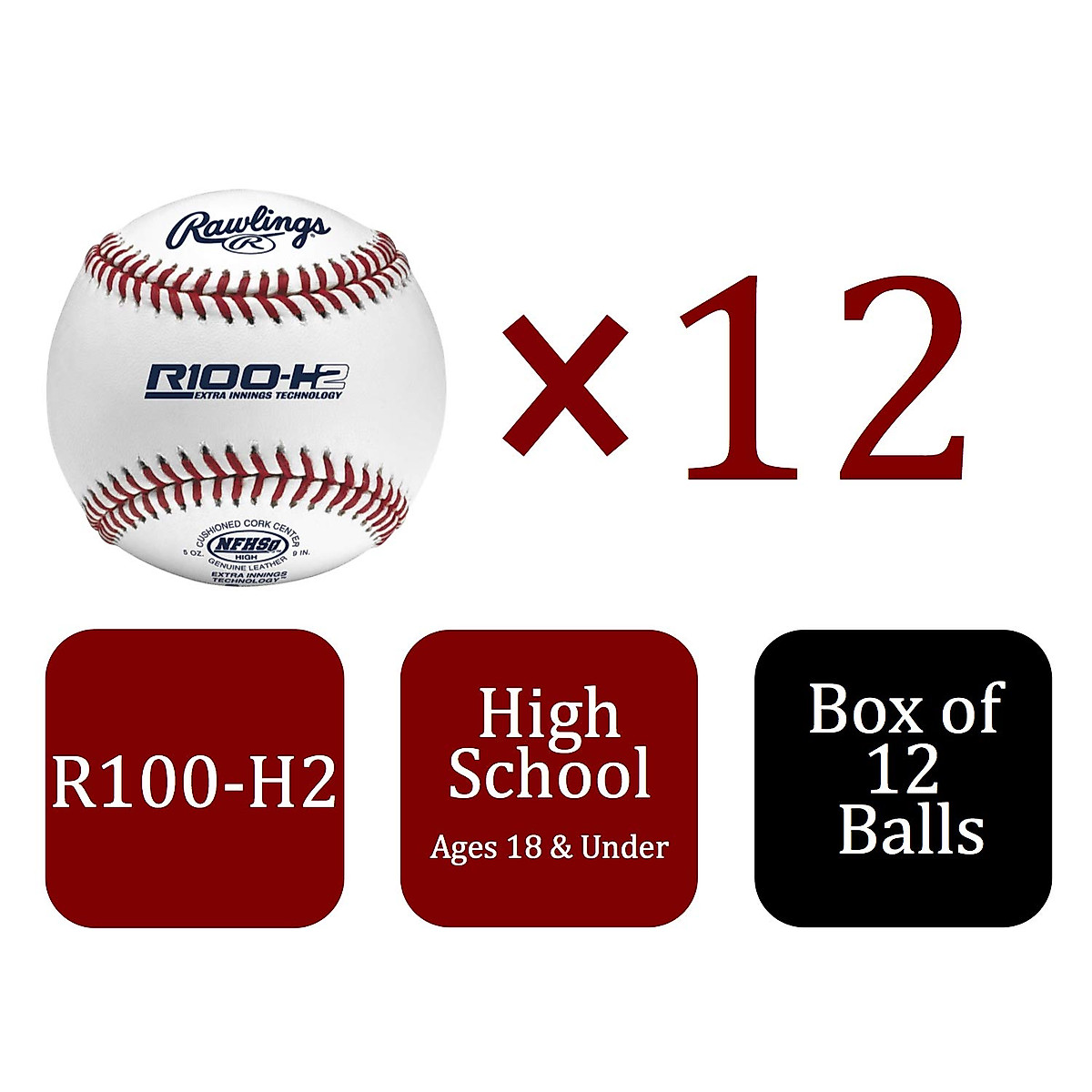 Rawlings | NFHS NOCSAE High School Game Baseballs | R100-H2 | Game/Practice Use | 12 Count