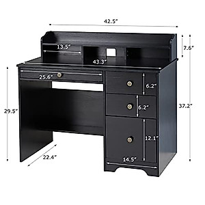 Computer Desk with 4 Storage Drawers and Hutch Shelf, Wood Frame Home Office Desk with Wide Tabletop, Industrial Vintage Style Executive Desk Writing Study Table PC Desk, Black