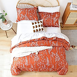 JANZAA Duvet Cover Queen Terracotta 3 Pieces Boho Duvet Cover with White Botanical Patterns Soft Floral Bed Cover with Zipper Closure 4 Ties (2 Pillow Cases)