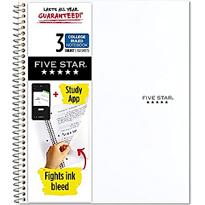 Five Star Spiral Notebook + Study App, 3 Subject, College Ruled Paper, 11" x 8-1/2", 150 Sheets, White, 1 Count (72464)