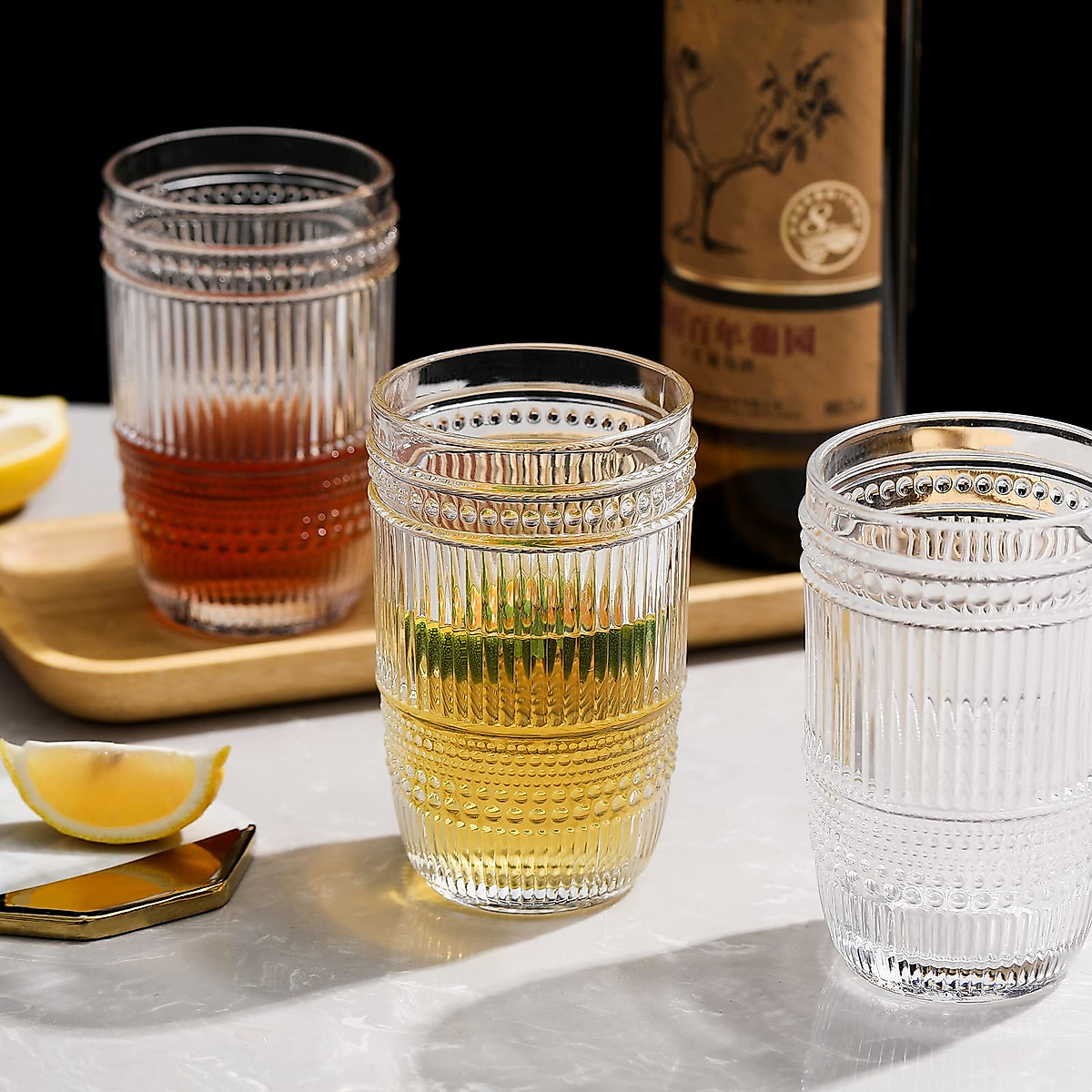 1500° C TABLETOP Vintage Highball Glasses 12.5 oz Set of 6 Romantic Hobnail Drinking Glasses Water Tumblers, Embossed Vintage Drinking Glasses for Beer, Cocktail, Soda, Beverage