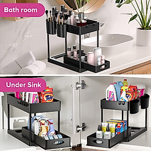 Under Sink Organizers and Storage with 4 Hooks, 2 Hanging Cups & Dividers Under Sink Cabinet Basket Storage 2 Tier Shelf for Bathroom and Kitchen (Black)
