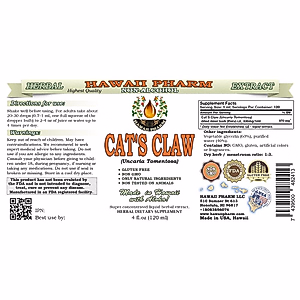 Cat's Claw Alcohol-Free Liquid Extract, Cat's Claw (Uncaria Tomentosa) Dried Inner Bark Glycerite Hawaii Pharm Natural Herbal Supplement 4 oz