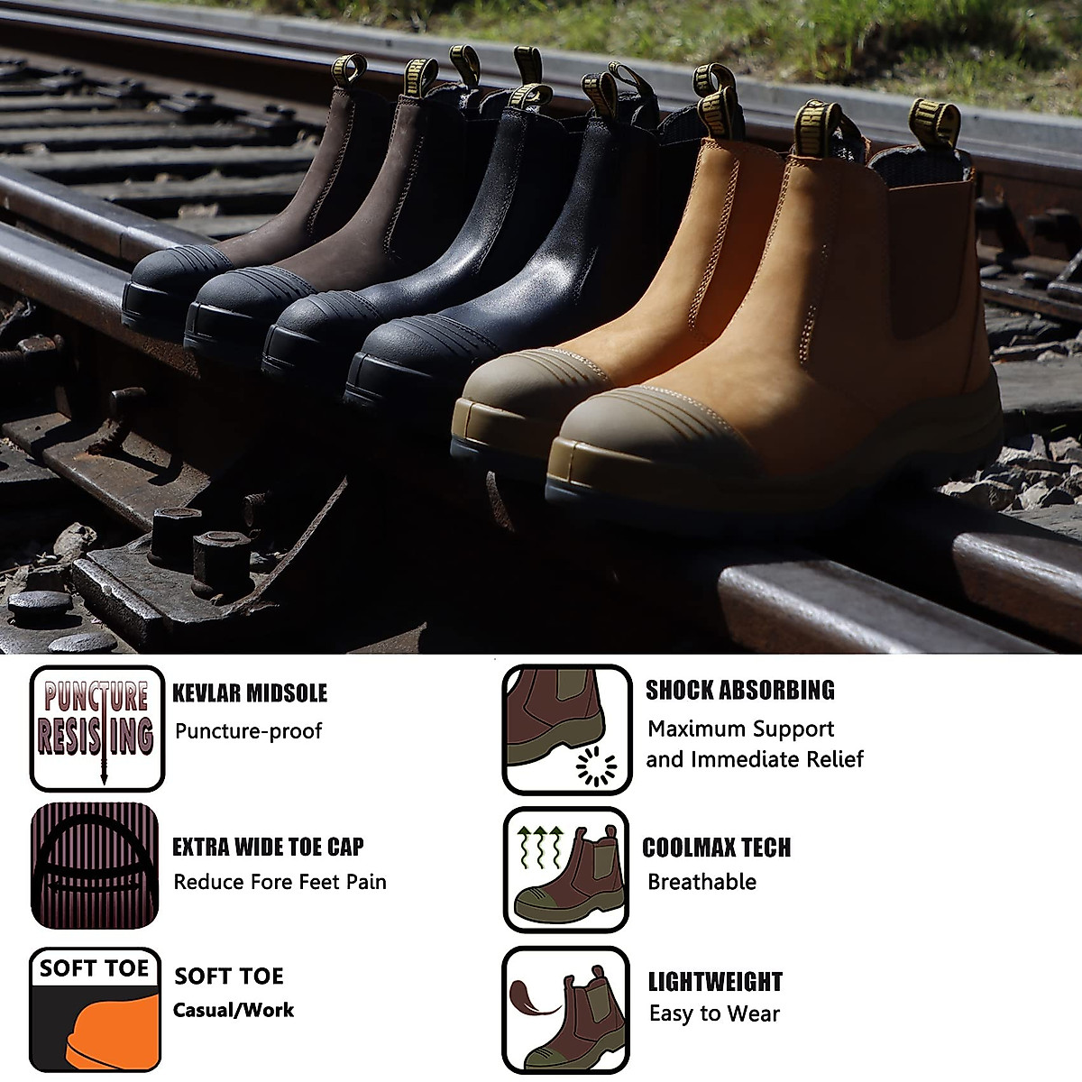 HANDMEN Work Boots for Men, Soft Toe Waterproof Working Boots, Slip Resistant Anti-Static Slip-on Safety Working Shoes 9 10 11 12 13 (COF/802EE, 11.5)