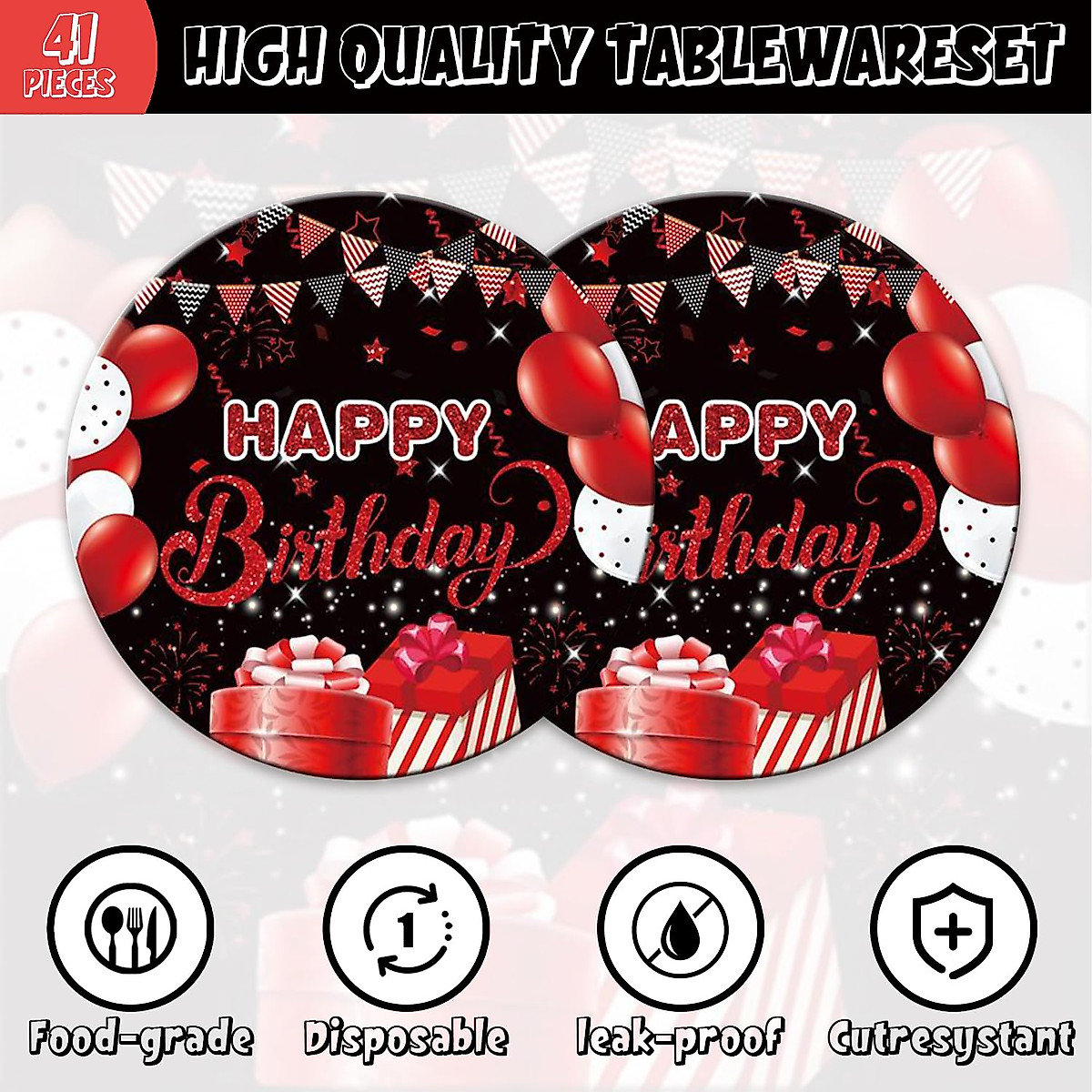 41pcs Black and red Party Supplies ,include 20 Plates, 20 Napkin and 1pcs Tablecloth,Used for Black and red Birthday Party Decoration (AAA)