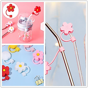 Beyonday 9pcs Silicone Flower Shape Straw Cover Cap Kit, Reusable Drinking Dust Plugs Set Cartoon Cherry Blossom Daisy Sunflowers Shape Spill Proof Straw Tips Cover Cup Stopper Cup Accessories