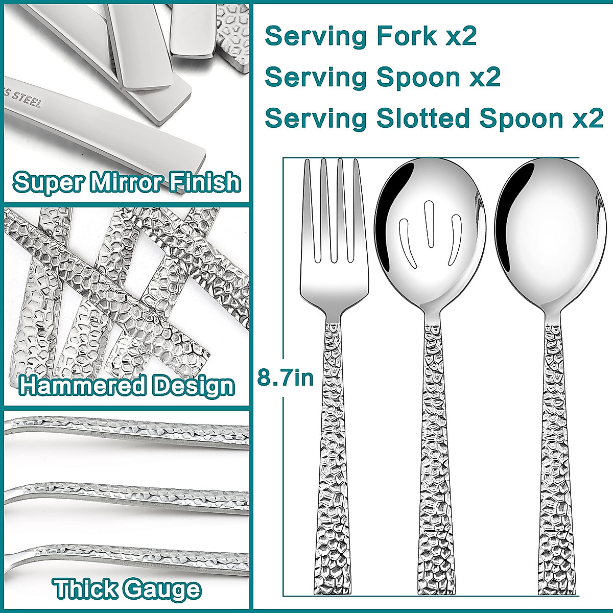 E-far Hammered Serving Utensils Set of 6, Stainless Steel 8.7 Inch Square Hostess Serving Set, Metal Serving Spoon Slotted Spoons Forks for Party Buffet Catering, Mirror Finished & Dishwasher Safe